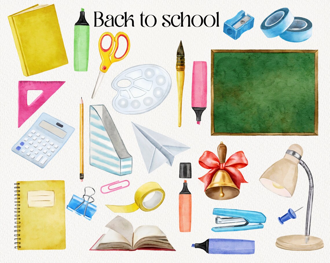 Watercolor Back to School Clipart School Supplies Clip Art - Etsy