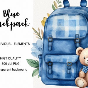 Watercolor Blue Backpack clipart, Back to School, Planner Clip Art ...