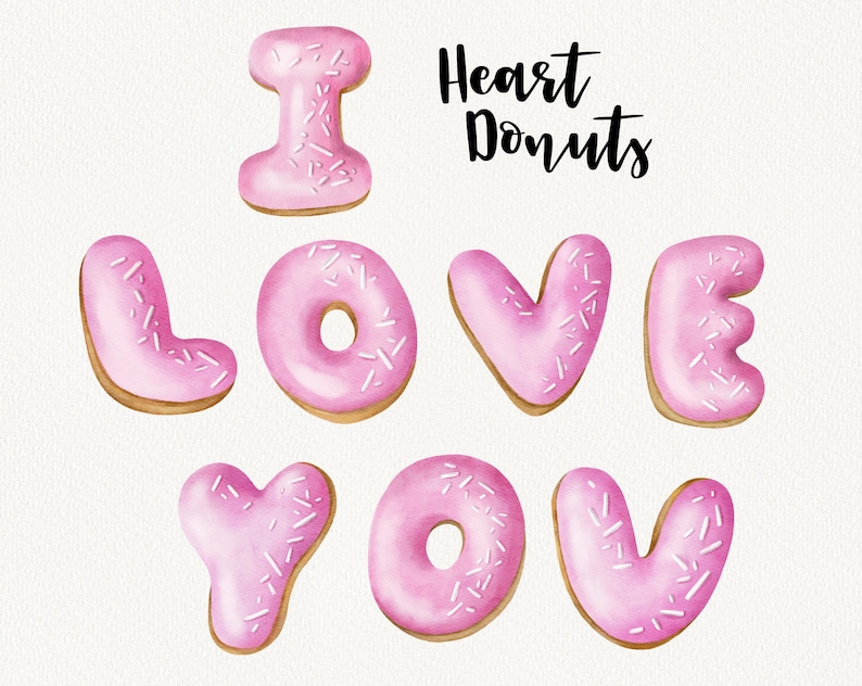 Watercolor Valentines Day Donut Clipart, Heart Donuts, Love Sweet ...