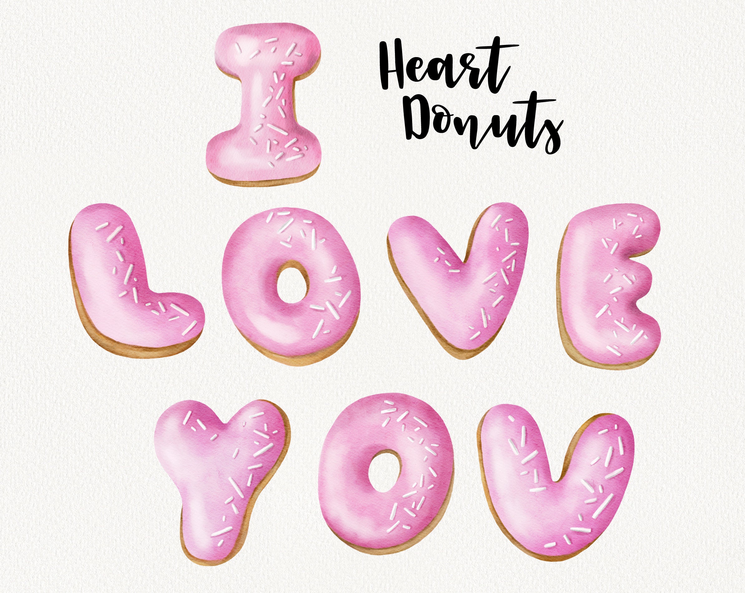 Watercolor Valentines Day Donut Clipart, Heart Donuts, Love Sweet ...