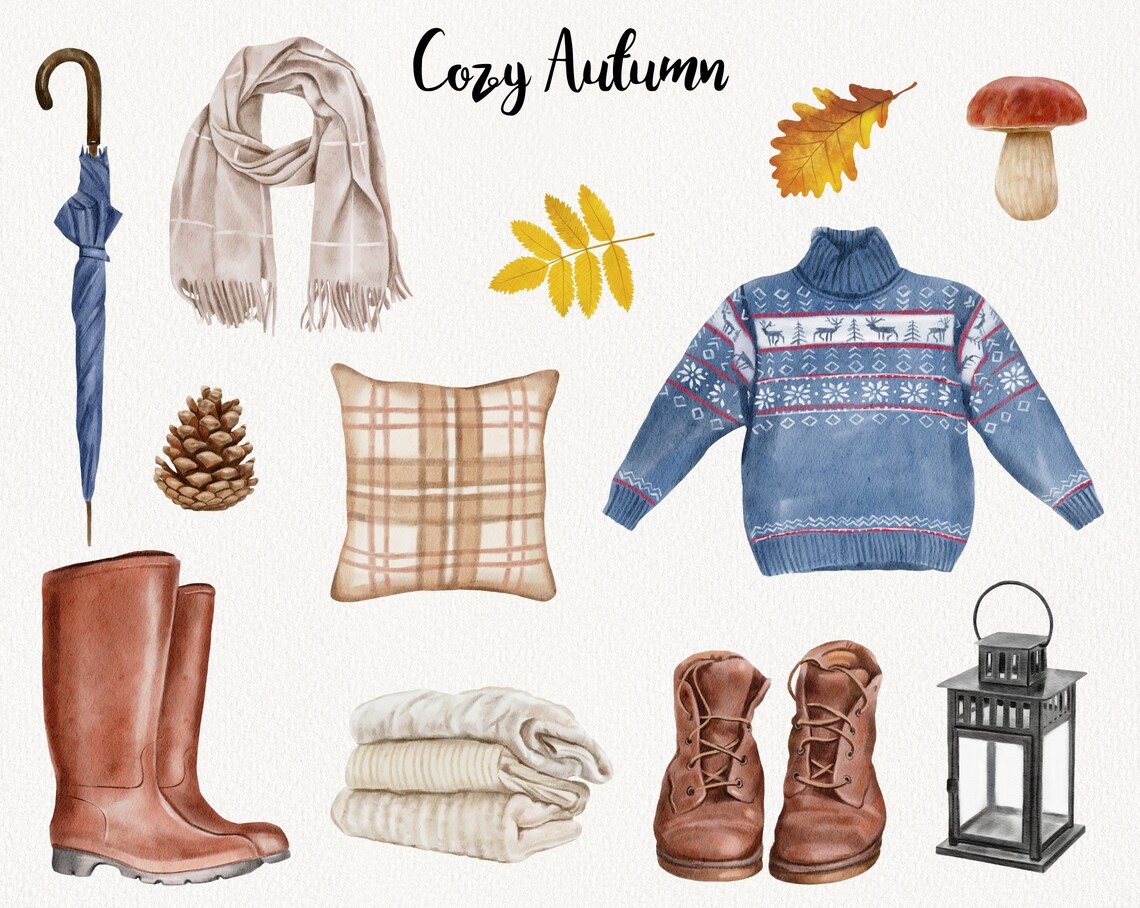 Watercolor Autumn Cozy Clipart Clothes Coffee Pumpkin Candle - Etsy