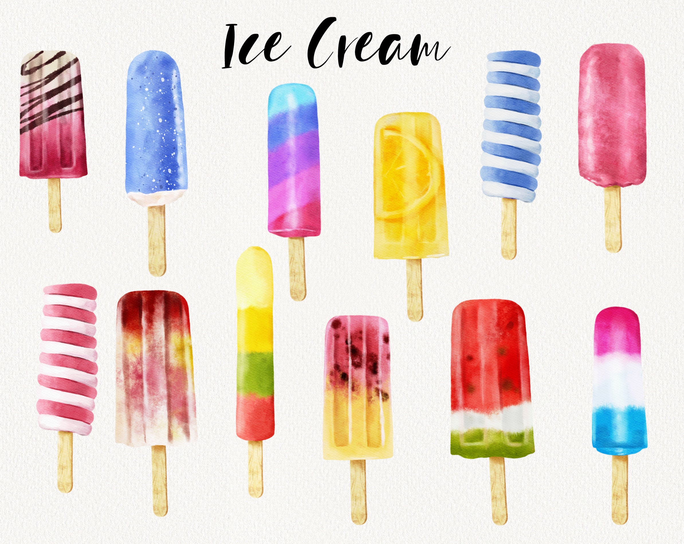 Ice Cream Clipart Watercolor Summer Icecream Waffle Cone - Etsy