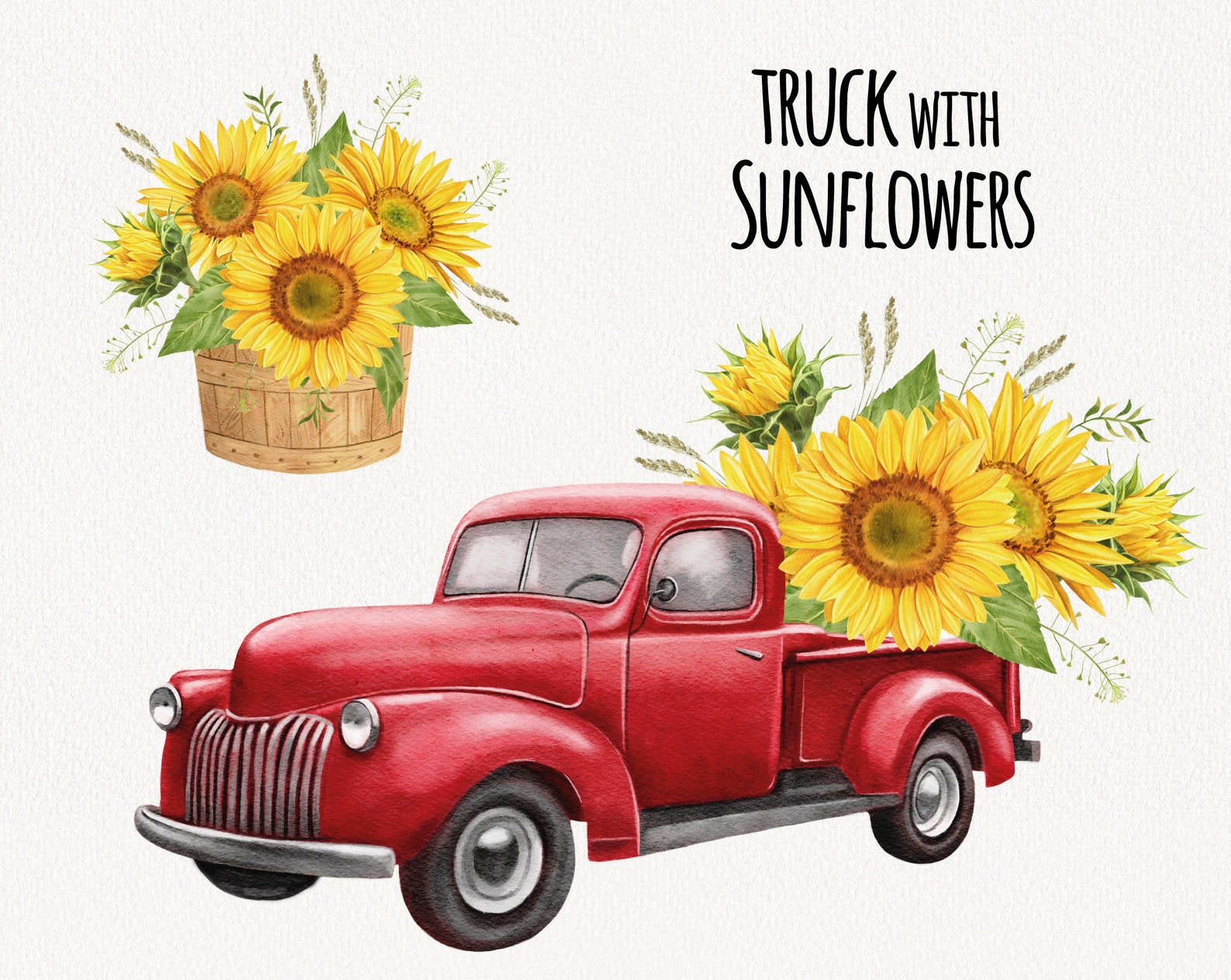 Watercolor Truck With Sunflowers Clipart, Retro Red Truck Clip Art ...