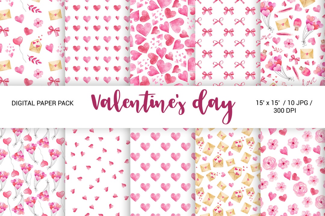 Valentines Day Digital Paper Pack, Watercolor Love Pink Scrapbook ...
