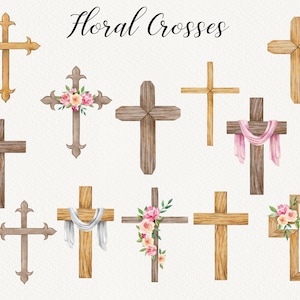 Watercolor Cross Clipart, Easter Wood Crosses With Flowers Clip Art ...