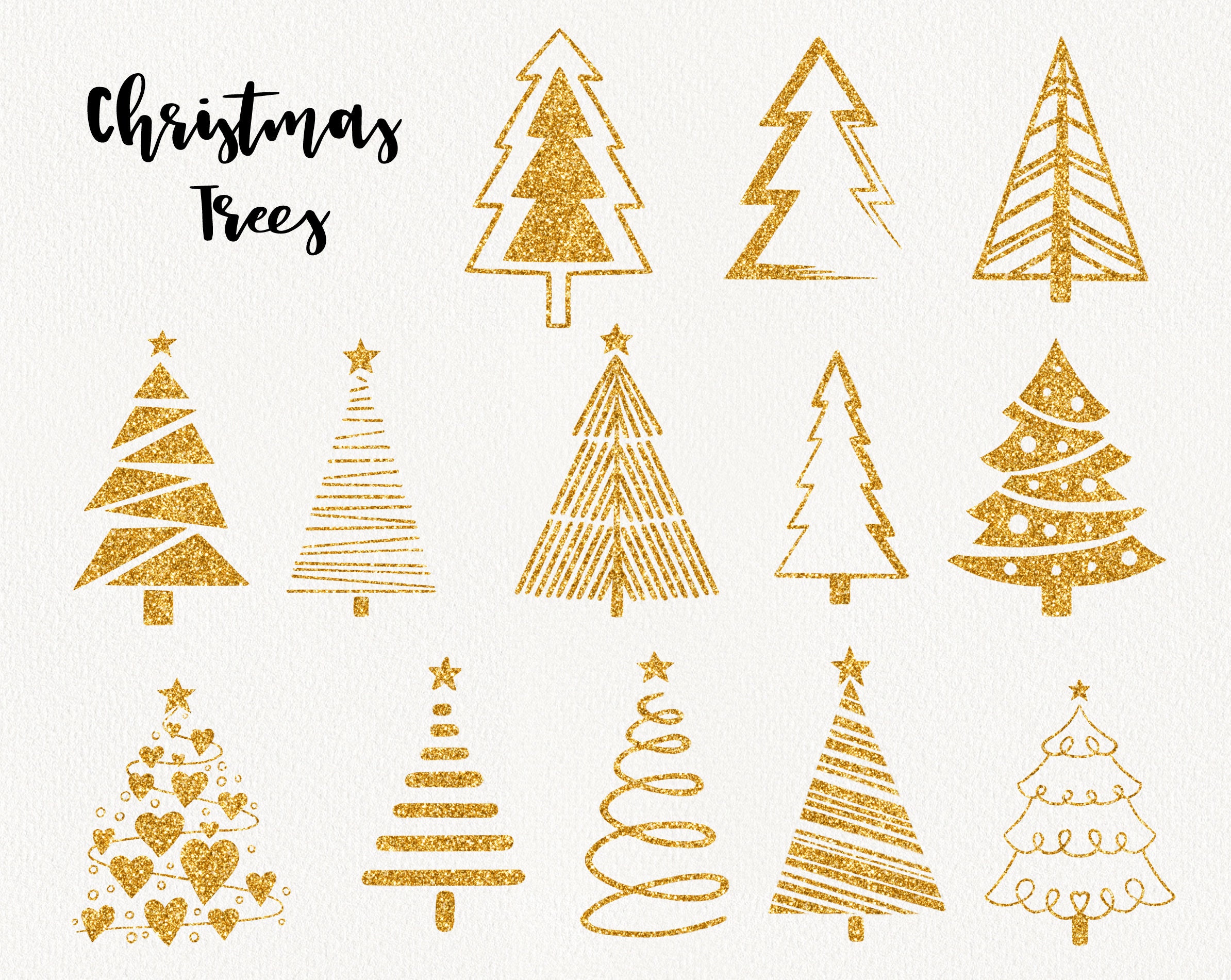 Christmas Tree Clipart Gold Glitter Trees Doodles Winter - Etsy