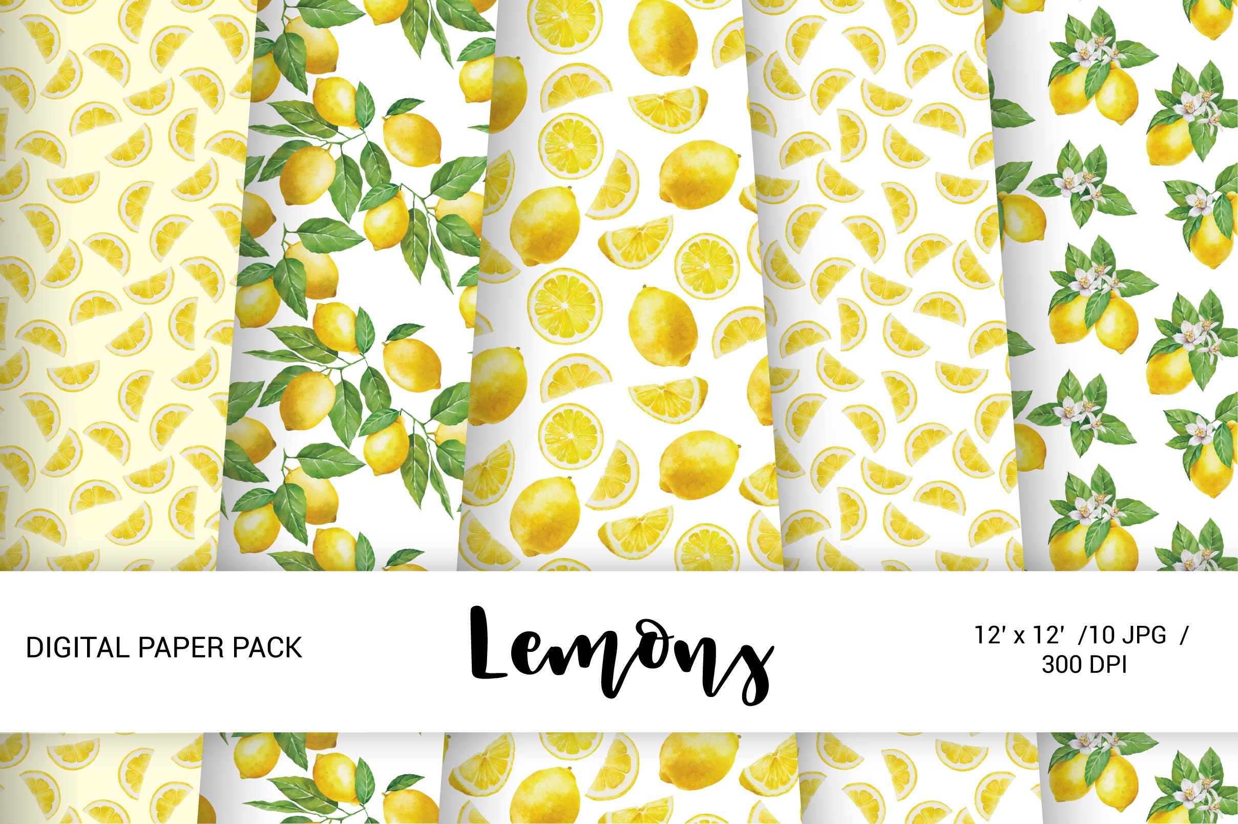 Watercolor Lemon Digital Paper Hand Painted Summer Lemon - Etsy