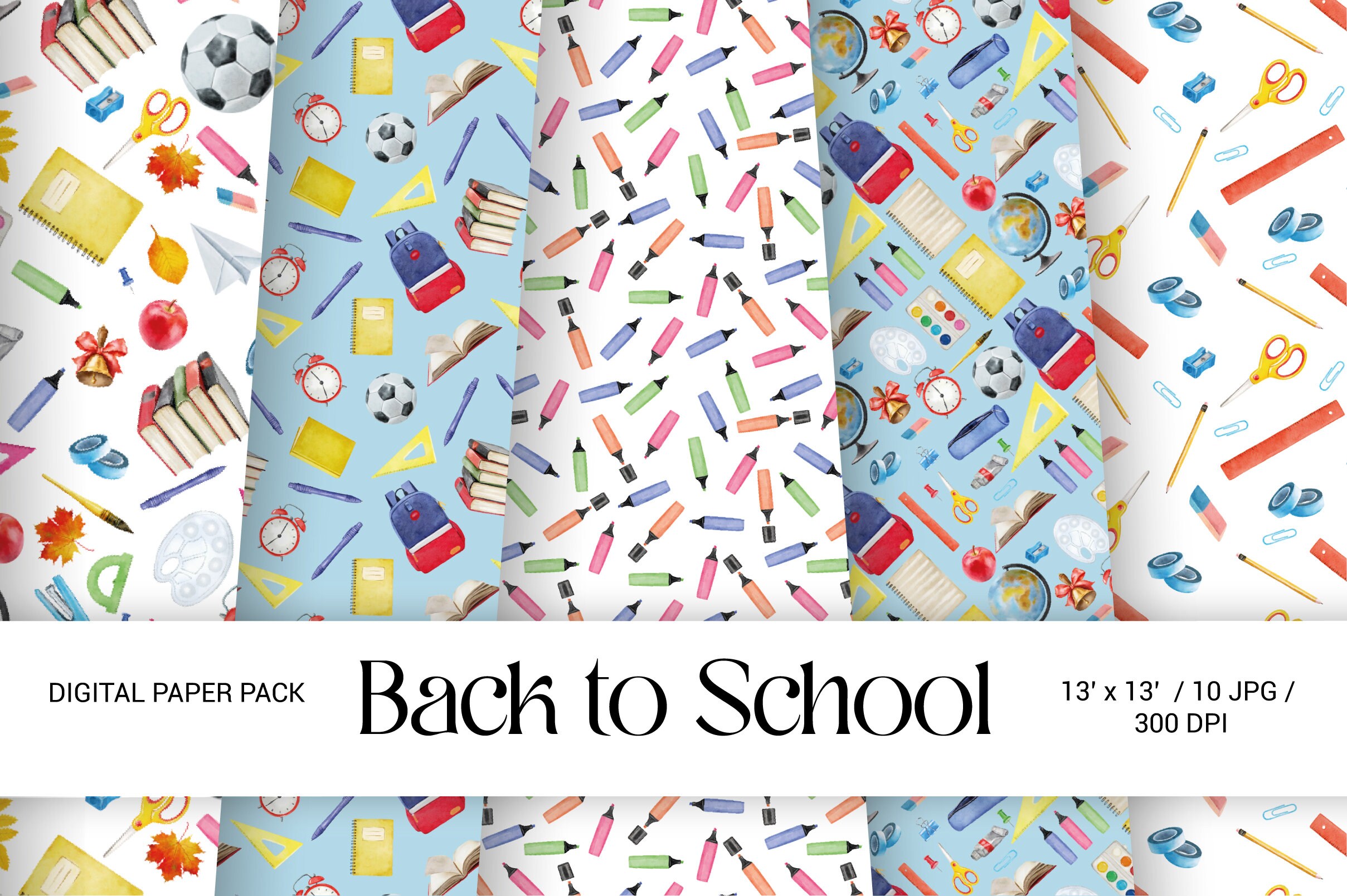 Watercolor Back to School Digital Paper, School Supplies, Autumn ...