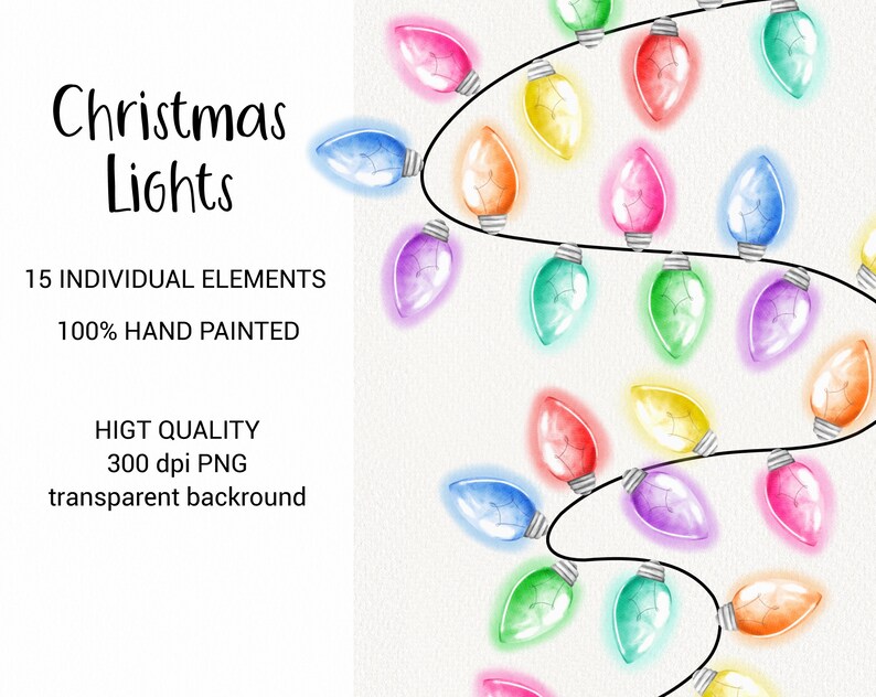 Christmas Lights Clipart, Watercolor Clip Art, String of Christmas ...