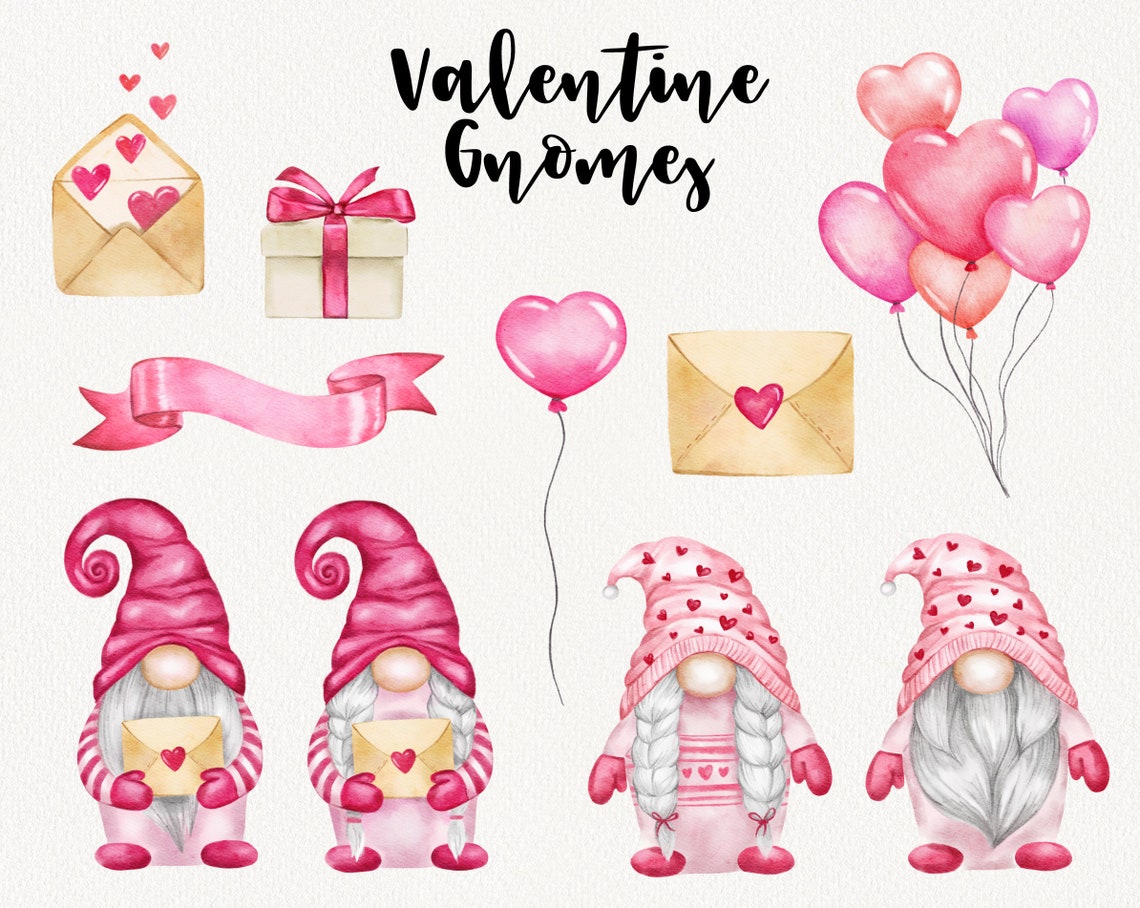 Valentine Day Gnomes Clipart Watercolor Scandinavian Gnomes - Etsy