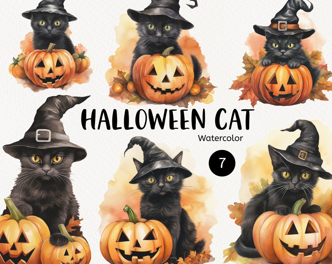 Watercolor Halloween Black Cat Clipart, Spooky Witch Cat, Cute Pumpkin ...