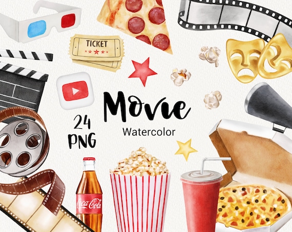 Movie Clipart Watercolor Cinema Clipart Summer Clip Art - Etsy UK