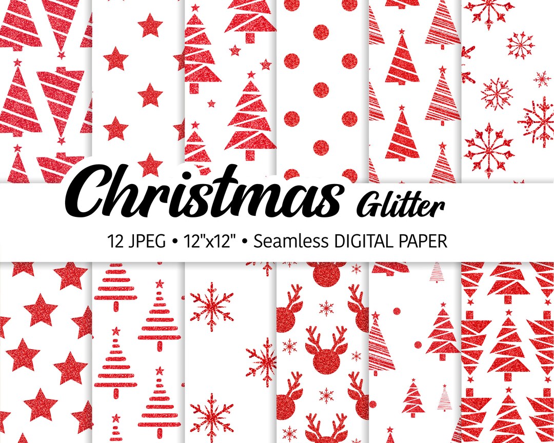 Christmas Glitter Digital Paper Pack, Cute Red Glitter Trees, Winter ...