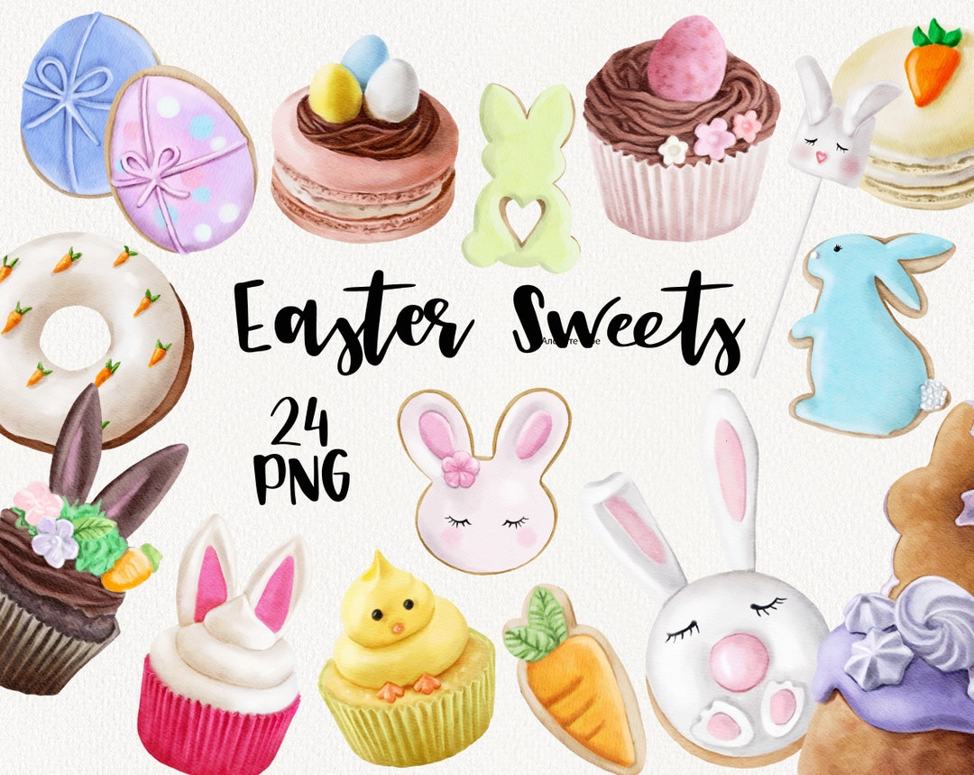 Watercolor Happy Easter Clipart, Cute Easter Sweets, Cupcake With Ears ...