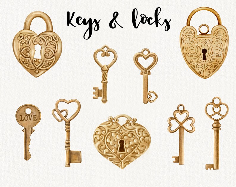 Valentine's Day Clipart, Watercolor Heart Keys and Locks Clip Art, Love ...