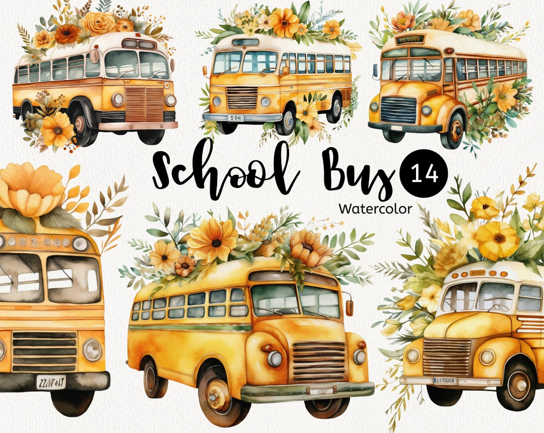 Watercolor School Bus Clipart, Back to School, Yellow Floral Bus, First ...