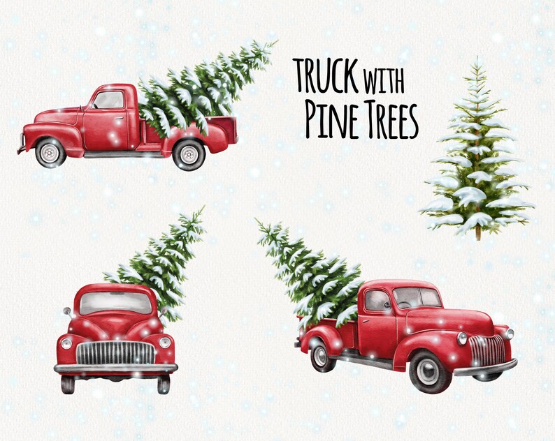 Watercolor Christmas Truck, Vintage Red Pickup With Trees Clip Art ...