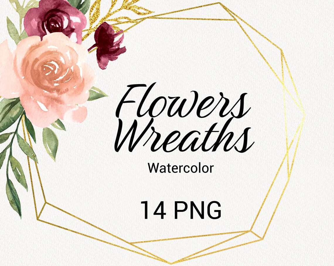 Watercolor Boho Floral Wreath Clipart Burgundy Flowers Gold - Etsy