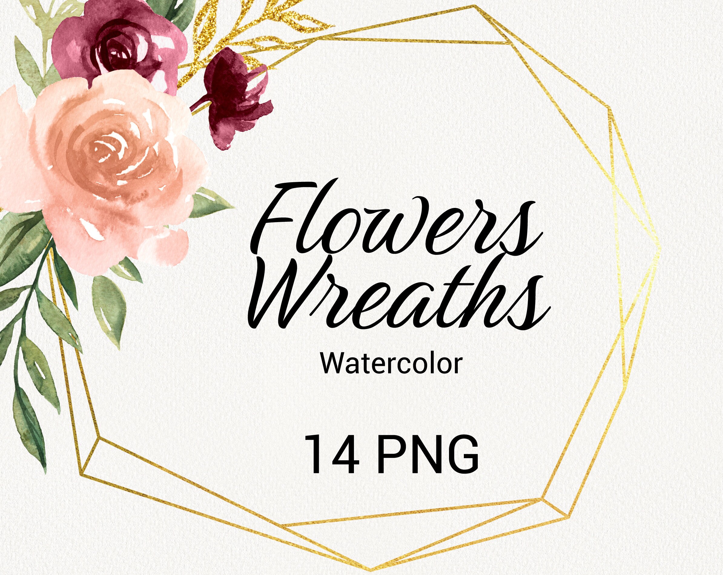 Watercolor Boho Floral Wreath Clipart Burgundy Flowers Gold - Etsy