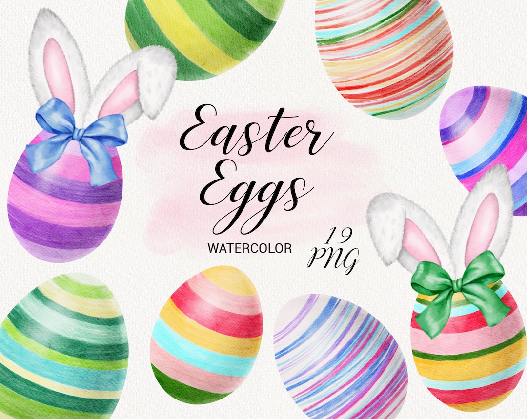 Watercolor Easter Eggs Clipart, Cute Bunny Ears, Spring Easter Holiday ...