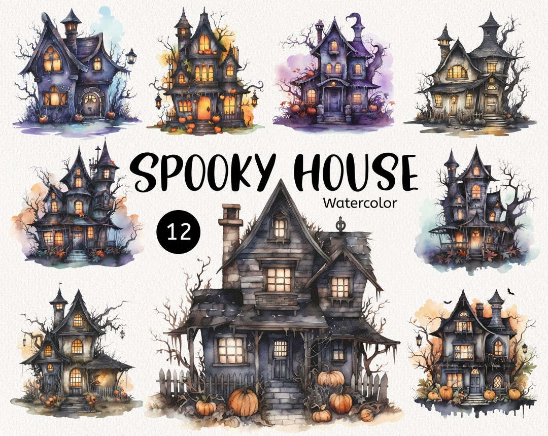 Watercolor Witch's Spooky House Clipart, Happy Halloween, Dark, Pumpkin ...