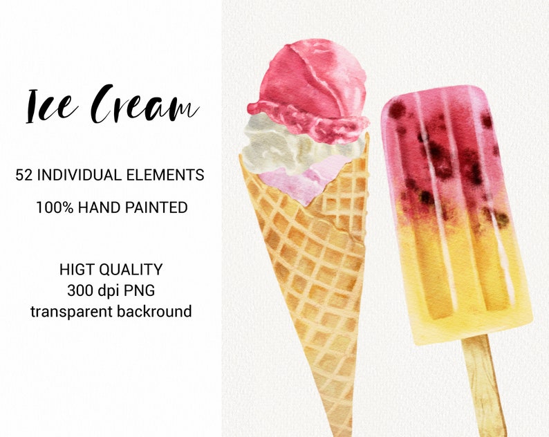 Ice Cream Clipart, Watercolor Summer Icecream, Waffle Cone, Popsicle ...