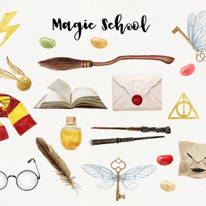 Watercolor Magic School Clipart, Witch Supplies, Wizard Academy Clip ...