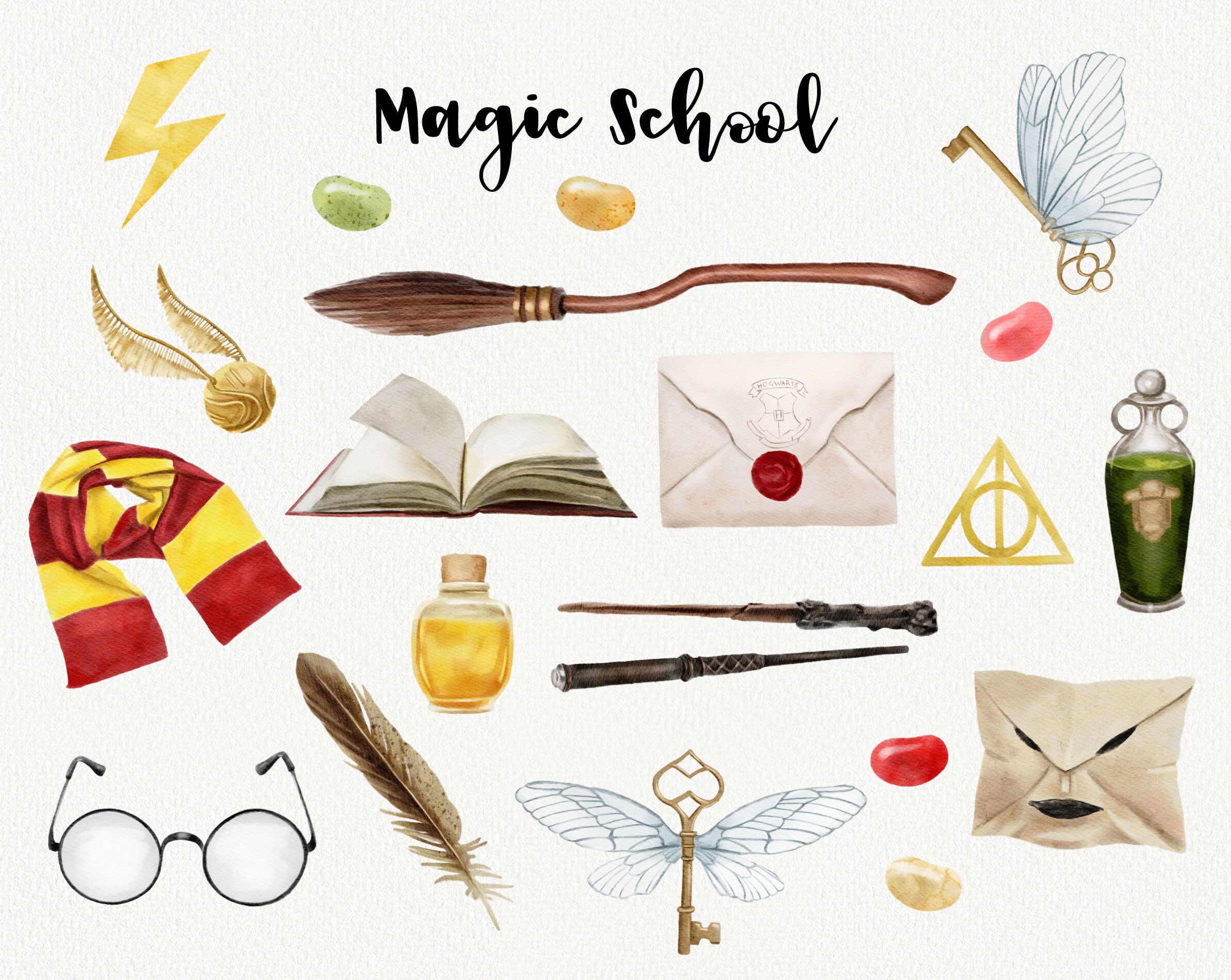 Watercolor Magic School Clipart, Witch Supplies, Wizard Academy Clip ...