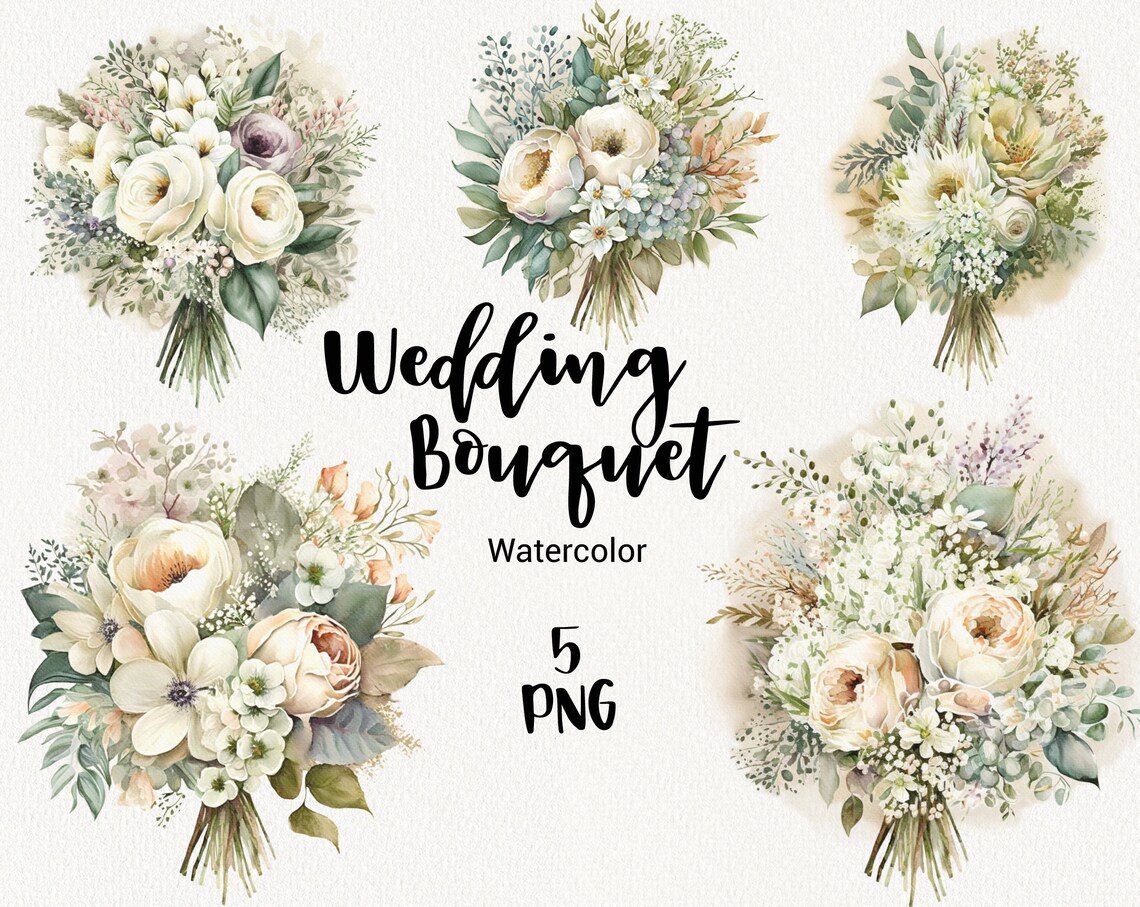 Watercolor Wedding Clipart, Bride White Bouquet, Floral, Wedding ...