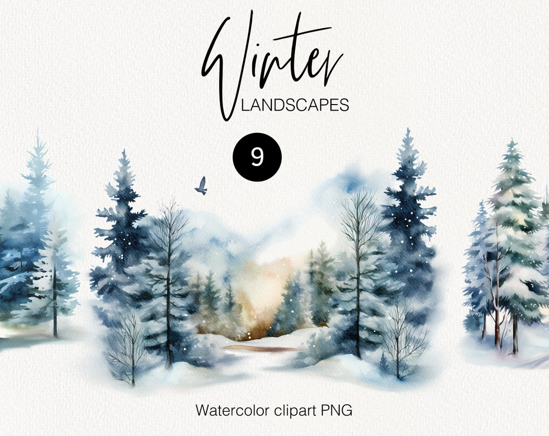 Watercolor Winter Clipart, Forest Landscape, Christmas Snowy Pine Trees ...