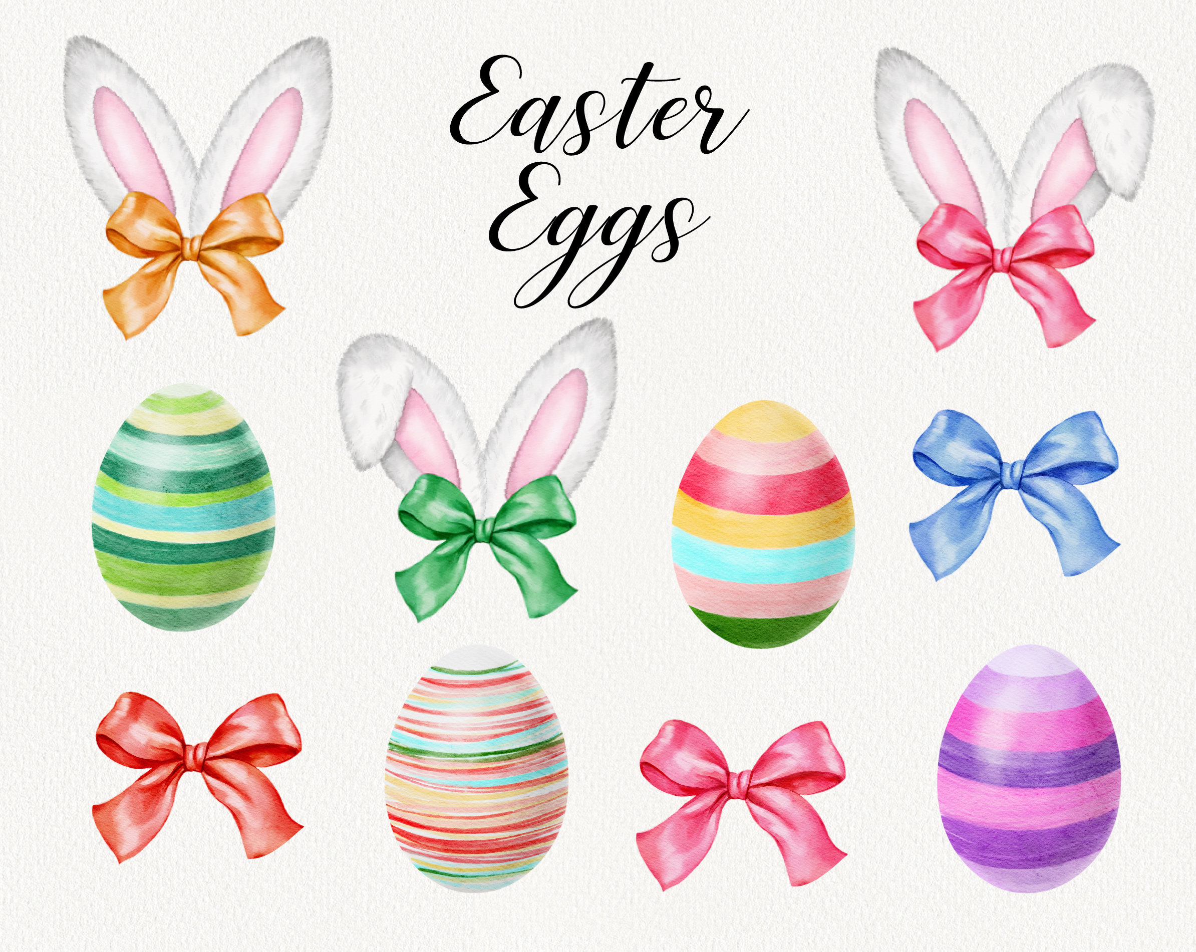 Watercolor Easter Eggs Clipart, Cute Bunny Ears, Spring Easter Holiday ...