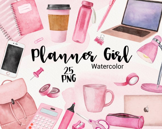 Planner Girl Watercolor Clipart School Supplies Clipart Back - Etsy