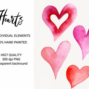 Watercolor Heart Valentine Day Clipart. Hand Painted Pink, Red Hearts ...