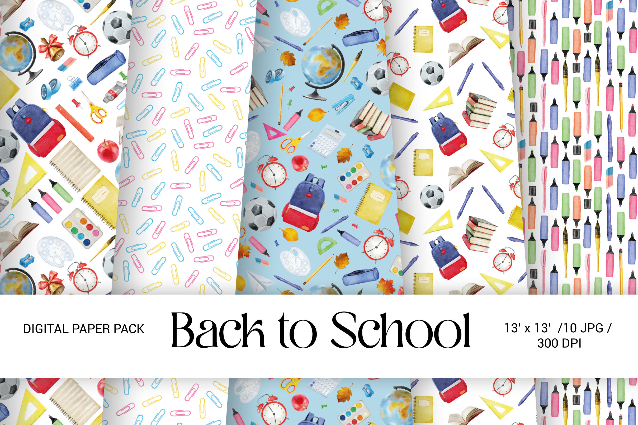 Watercolor Back to School Digital Paper, School Supplies, Autumn ...