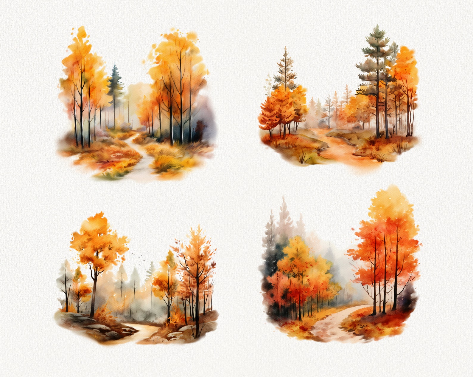 Watercolor Landscapes Clipart, Fall Autumn Forest Tree, Woodland, Fine ...