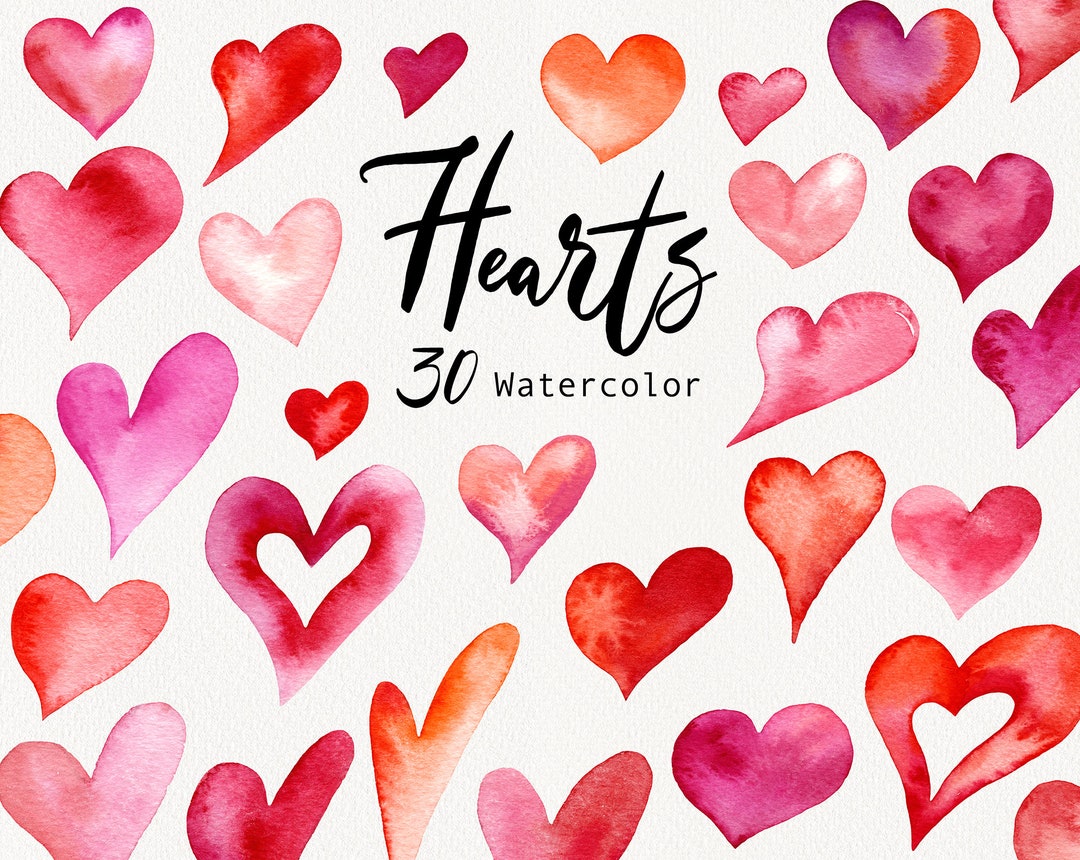 Watercolor Heart Valentine Day Clipart. Hand Painted Pink, Red Hearts ...
