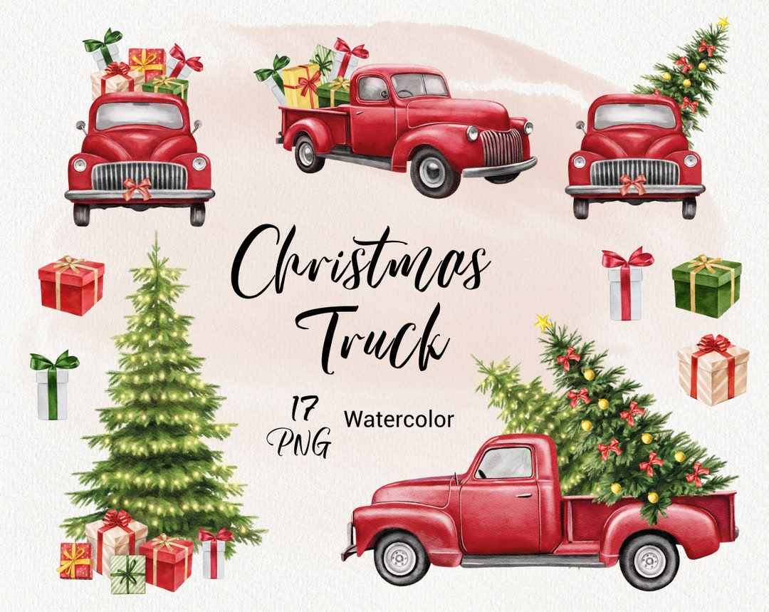 Watercolor Christmas Truck, Vintage Red Pickup With Trees and Gifts ...