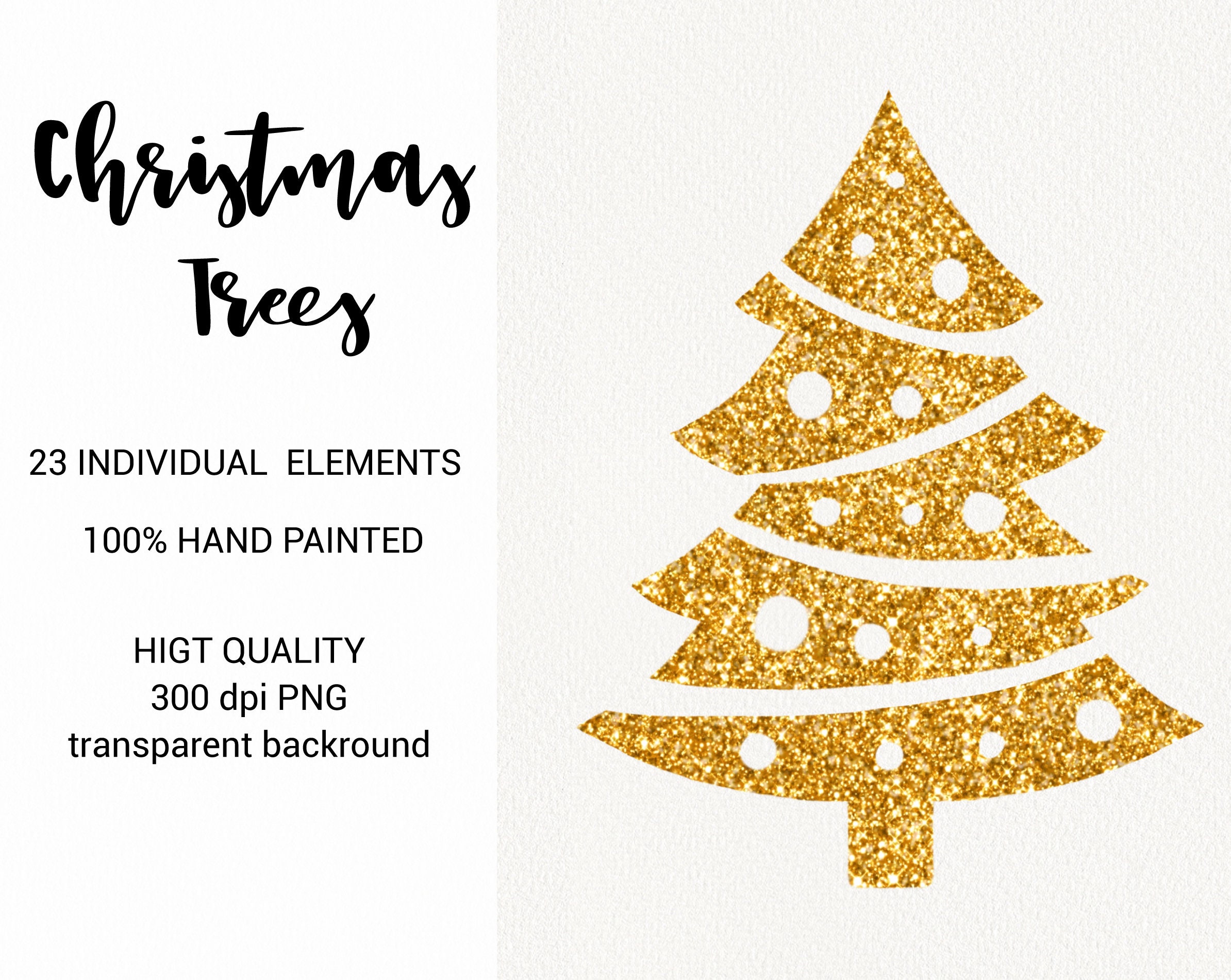 Christmas Tree Clipart Gold Glitter Trees Doodles Winter - Etsy