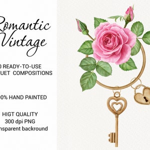 Valentine's Day Clipart, Romantic Vintage Bouquet Clipart, Love, Heart ...