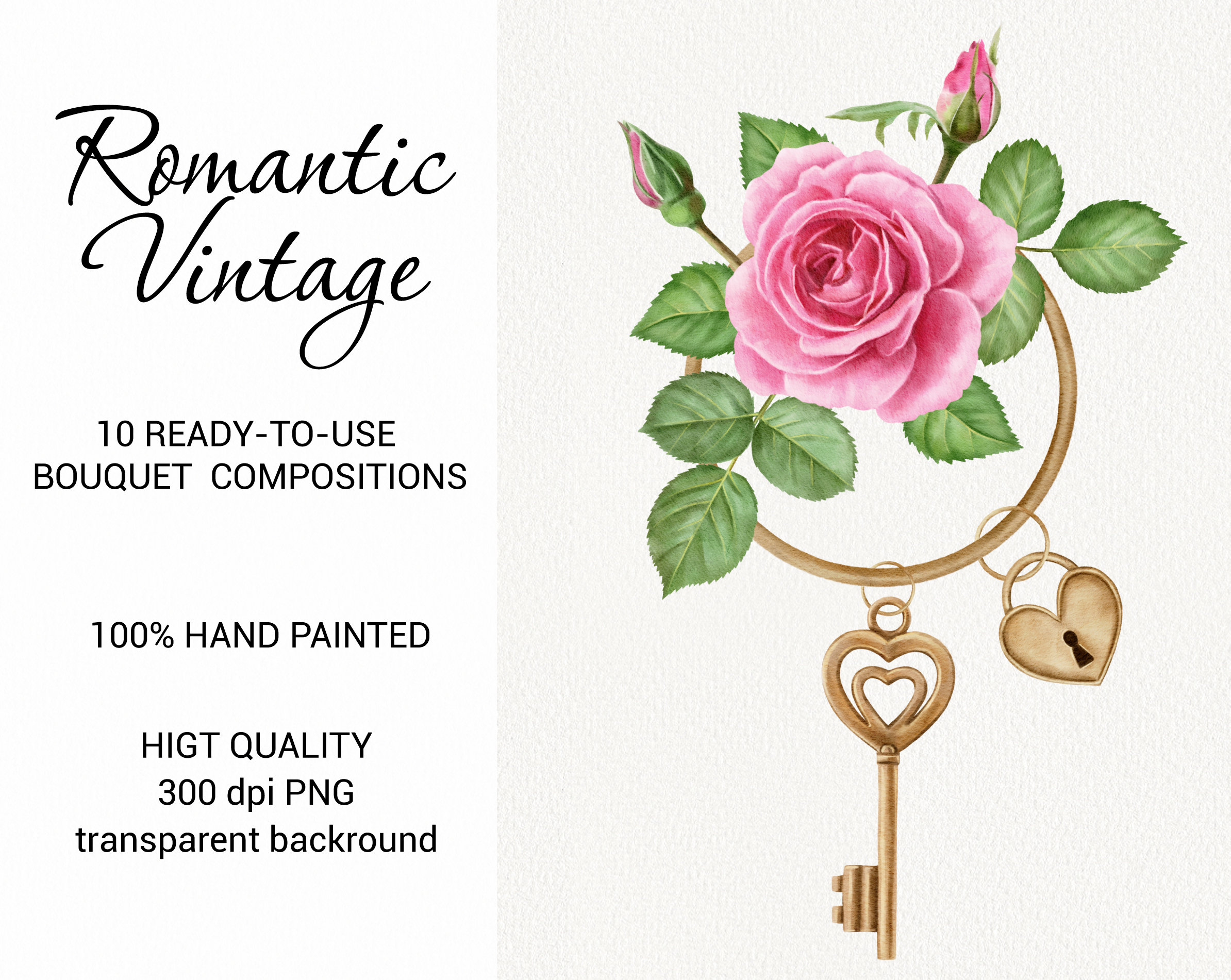 Valentine's Day Clipart, Romantic Vintage Bouquet Clipart, Love, Heart ...