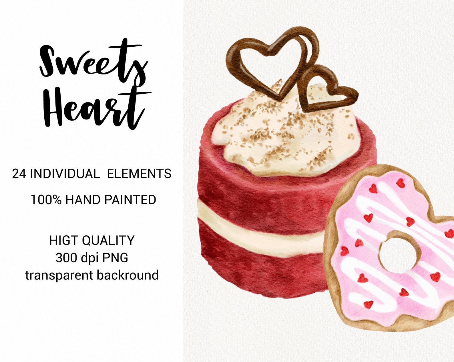 Watercolor Valentines Day Clipart, Cute Love Sweets Clip Art, Red Donut ...