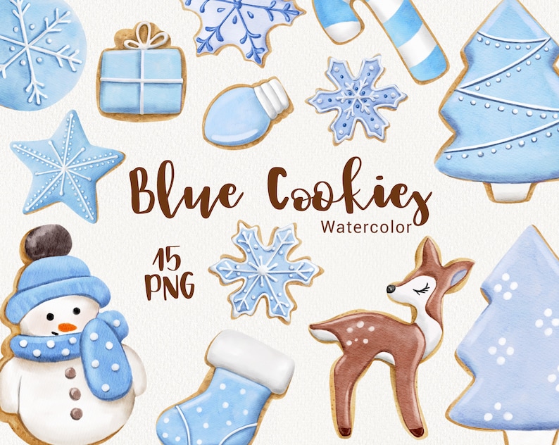 Christmas Cute Cookies Clipart Watercolor Blue Gingerbread - Etsy