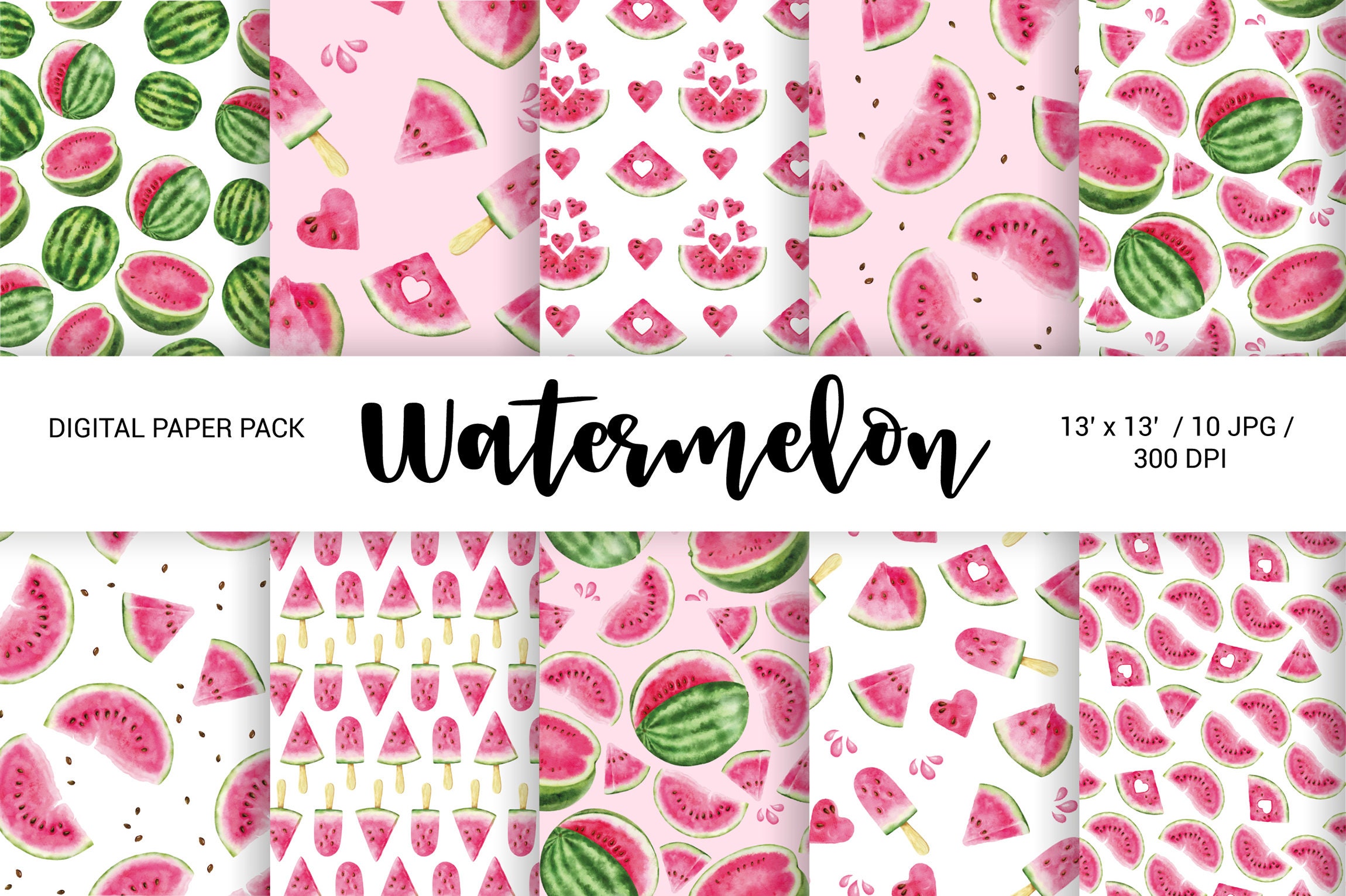 Watercolor Watermelon Digital Paper Fruit Tropical Summer - Etsy