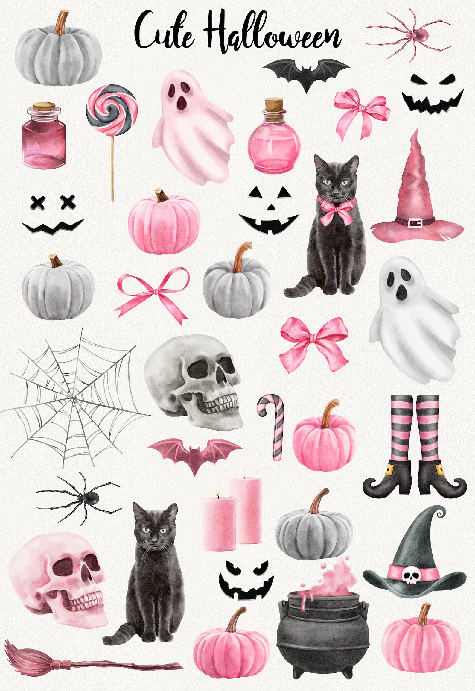 Happy Halloween Clipart, Watercolor Cute Pink Halloween, Pumpkin Cat ...