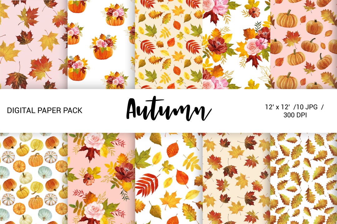 Autumn Floral Digital Paper. Fall Watercolor Autumn Pumpkins, Red and ...