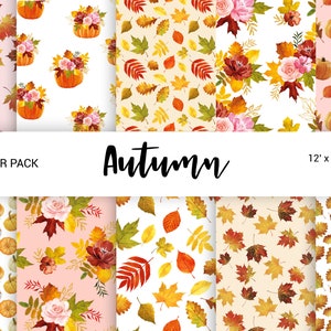 Autumn Floral Digital Paper. Fall Watercolor Autumn Pumpkins, Red and ...