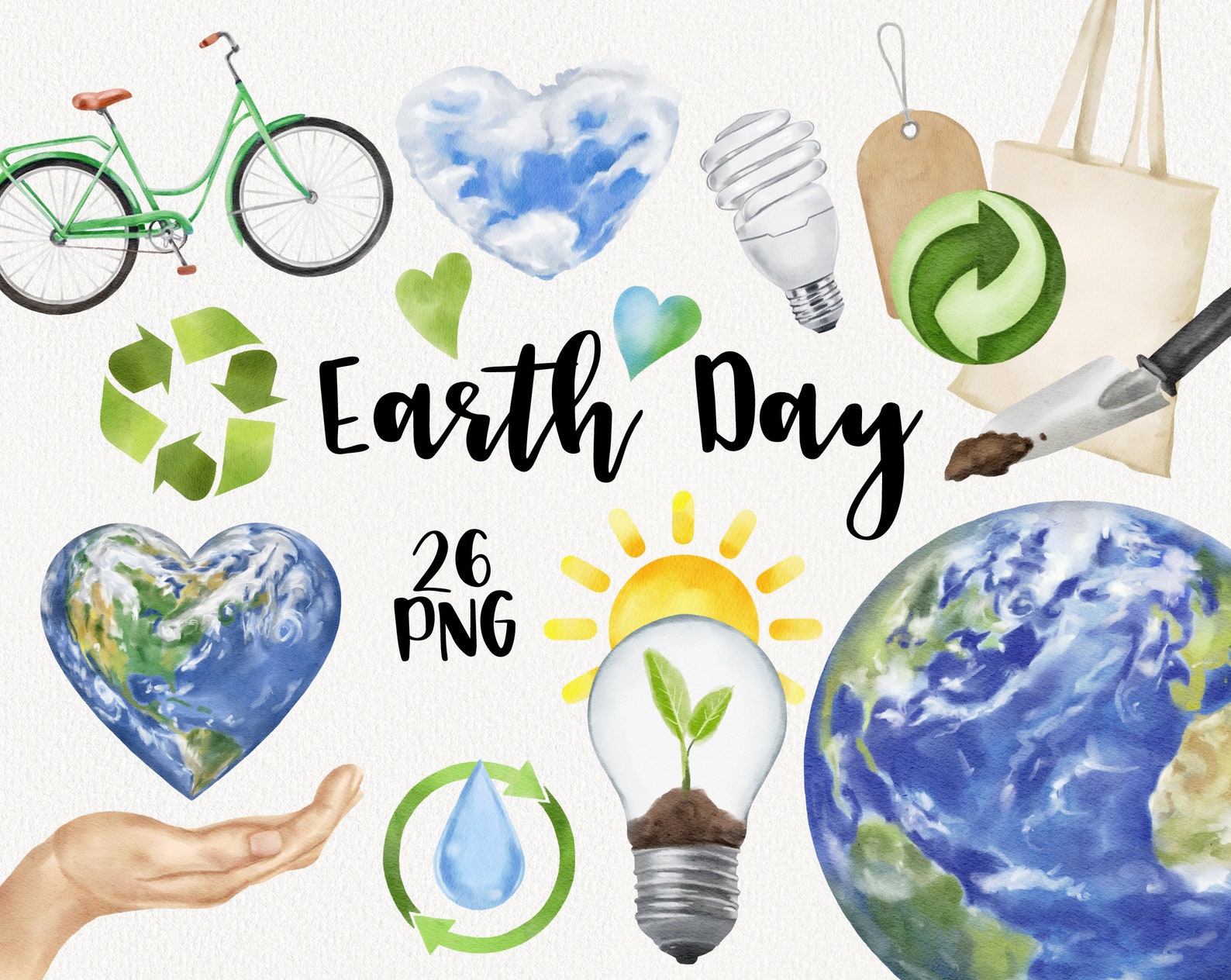Watercolor Earth Day Clipart, Ecological Icons, Greenery Clipart, Love ...