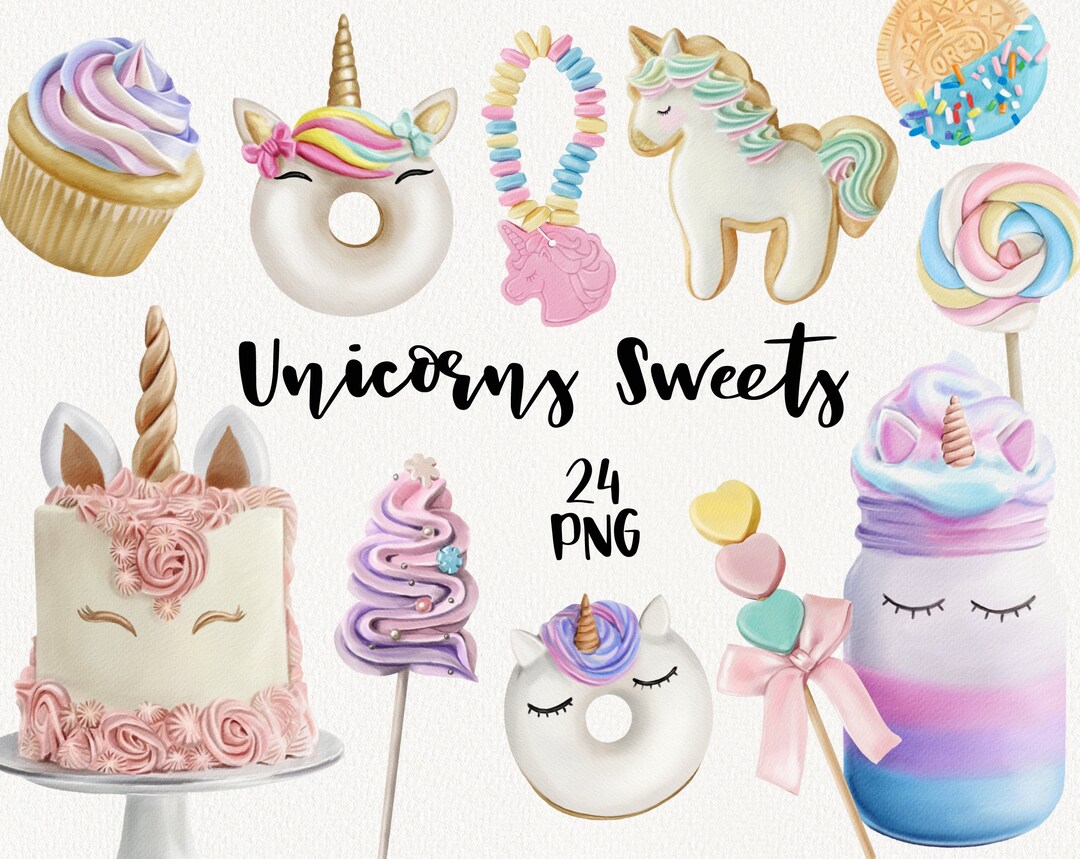 Unicorn Watercolor Clipart, Donut Unicorn, Cupcakes, Sweets Graphics ...