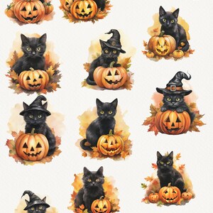 Watercolor Halloween Black Cat Clipart, Spooky Witch Cat, Cute Pumpkin ...