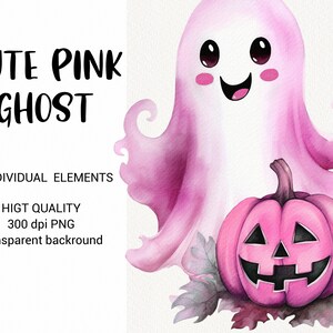 Watercolor Cute Pink Ghost Clipart, Happy Halloween, Funny Pumpkin ...